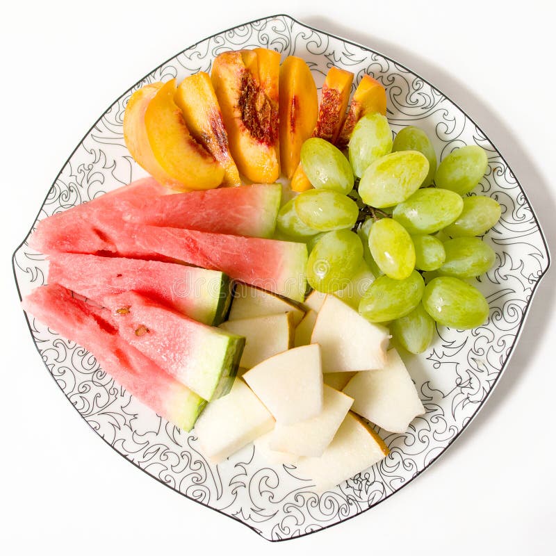 Peach, White Grape, Watermelon and Melon on the Plate Stock Photo ...
