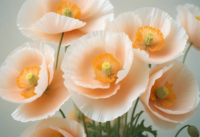 Peach and White Poppies, with Peach-colored Petals and Yellow Centers ...