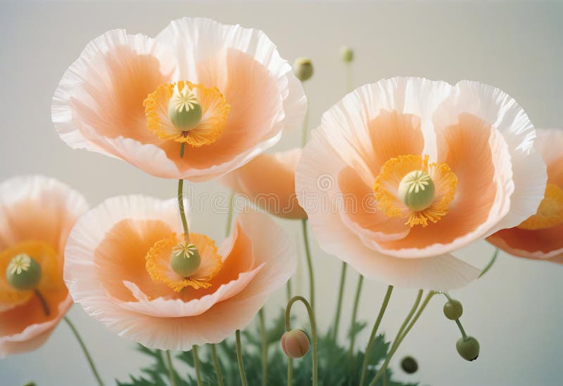 Peach and White Poppies, with Peach-colored Petals and Yellow Centers ...