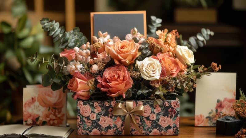 Peach and White Roses Floral Arrangement in Gift Box Stock Illustration ...