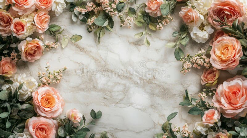 Peach and White Roses Floral Frame on Marble Stock Illustration ...