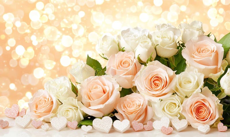 Peach White Roses with Hearts on Gold Bokeh Background for Romance ...