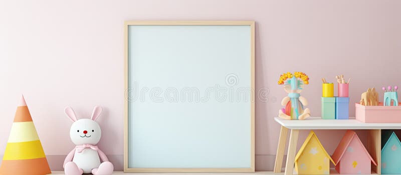 A Peach Wood Rectangle Frame Sits on a Table in a Childs Room Stock ...