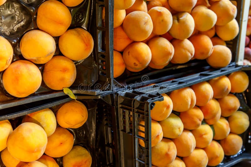 Peaches on Boxes from a Market Stock Photo - Image of colorful ...