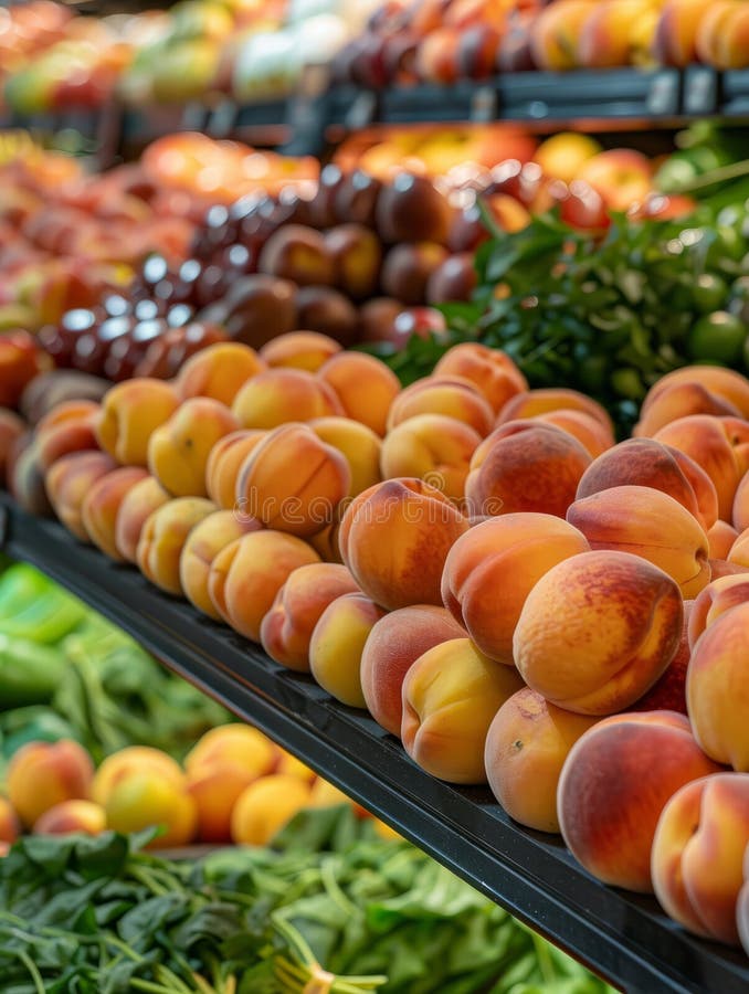 Peaches on Display at a Market with Various Fruits and Vegetables ...