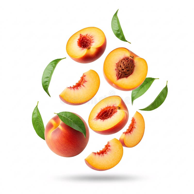 Peaches, Halves and Slices with Leaves in Flight Isolated on White ...
