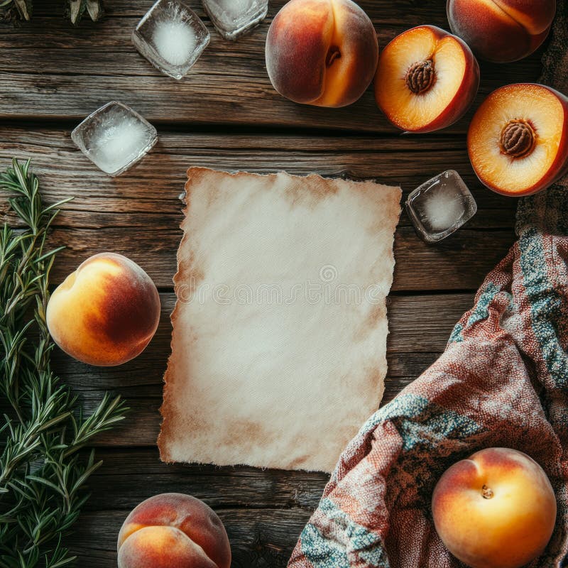 Peaches and Herbs on Rustic Table with Blank Parchment Paper. Stock ...