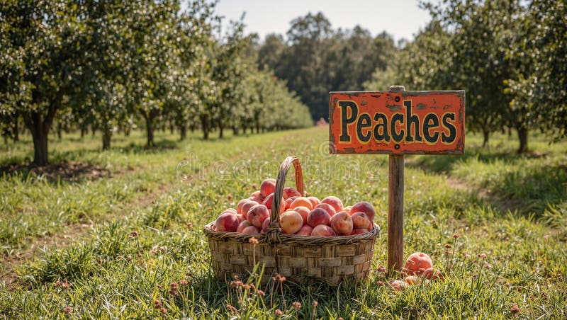 Peaches Roadside Stand with Ripe Fruit Basket in Sunny Orchard Stock ...