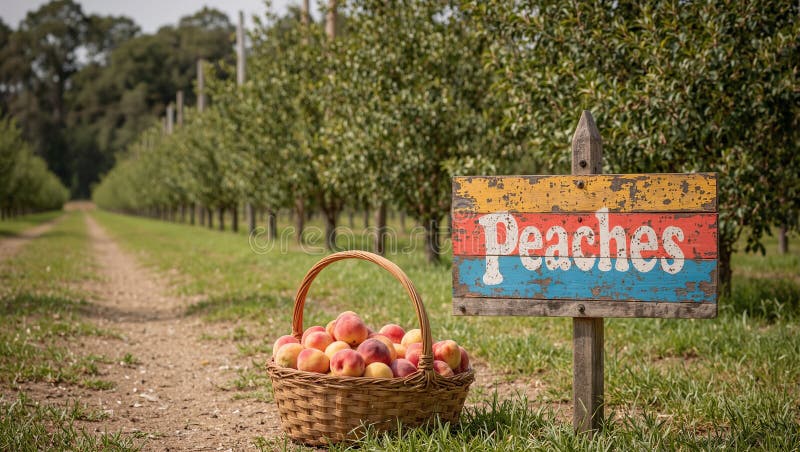Peaches Roadside Stand with Ripe Fruit Basket in Sunny Orchard Stock ...