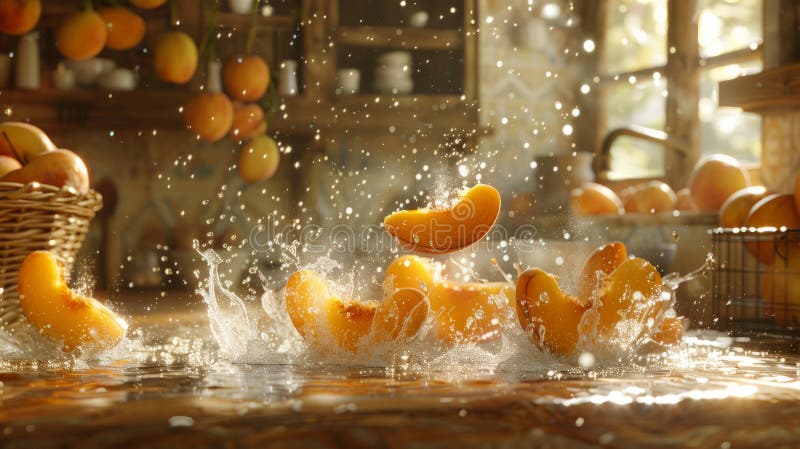 Peaches are Splashing in the Water on the Table. Stock Image - Image of ...