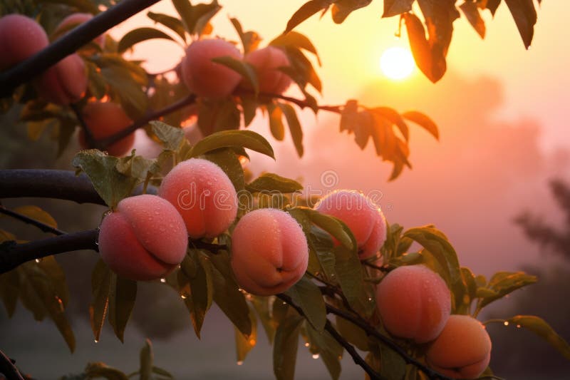 Peaches on tree at sunset stock photo. Image of glow - 301567886