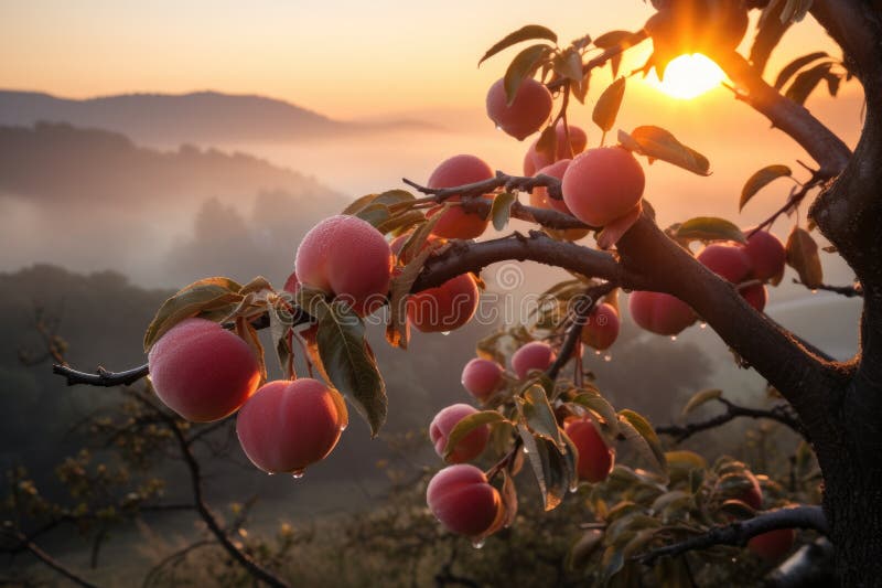 Peaches on tree at sunset stock photo. Image of natural - 301807242
