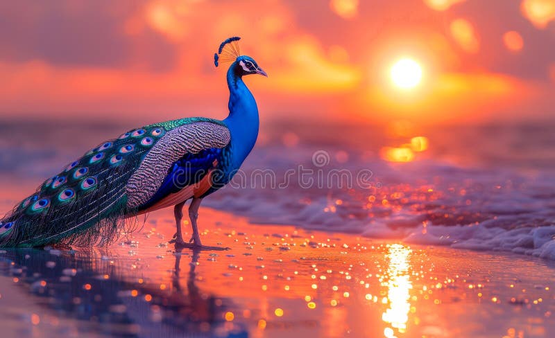 Peacock on the Beach at Beautiful Sunset Stock Photo - Image of long ...