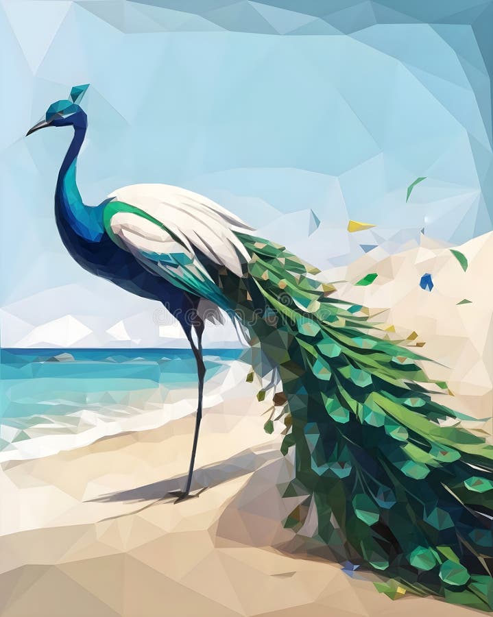 A Peacock on the Beach with a Blue Sky Background. Stock Illustration ...