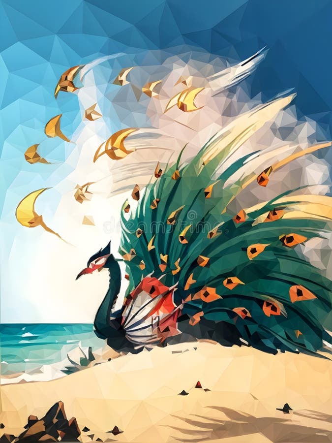 A Peacock on the Beach with a Blue Sky Background. Stock Illustration ...