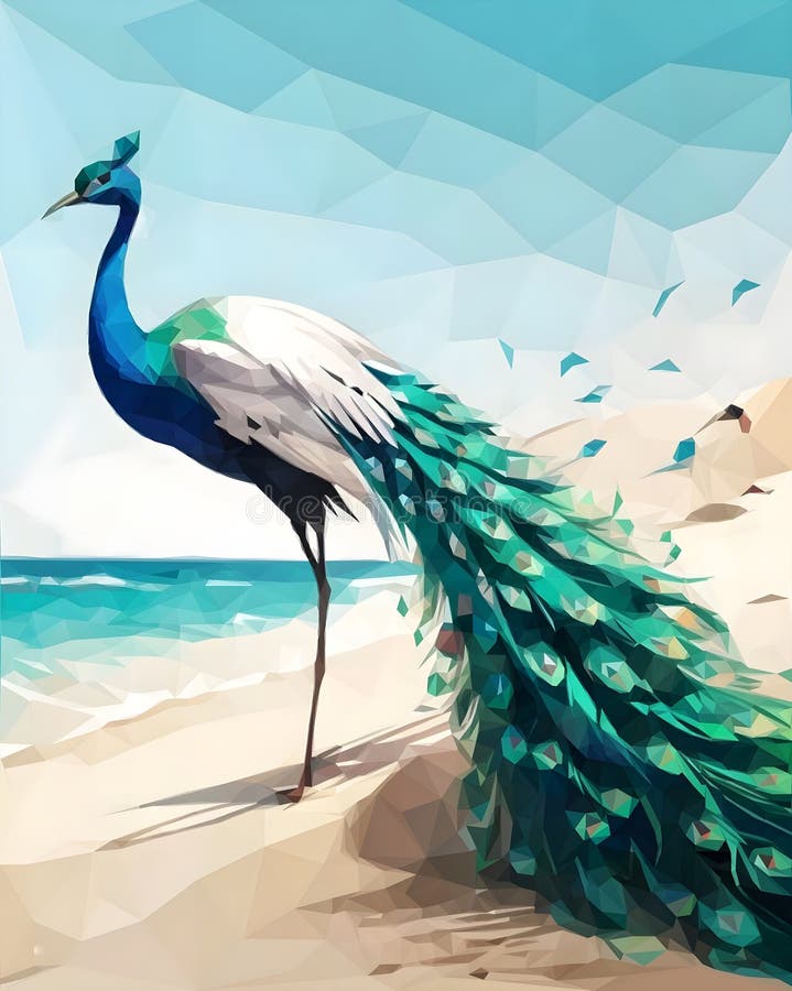 A Peacock on the Beach with a Blue Sky Background. Stock Illustration ...
