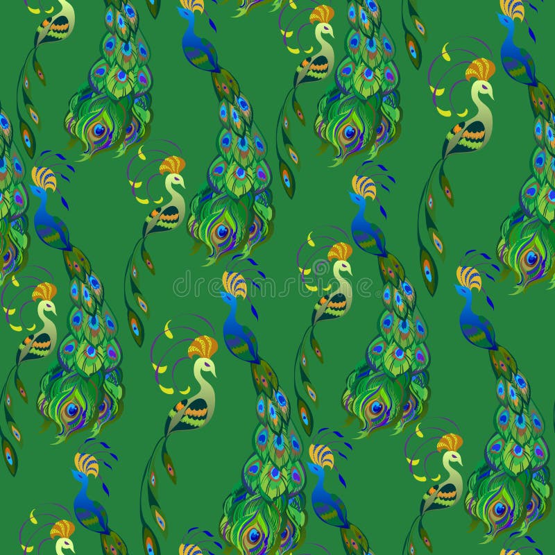Peacock Birds. Beautiful Green Seamless Pattern Background. Vector ...