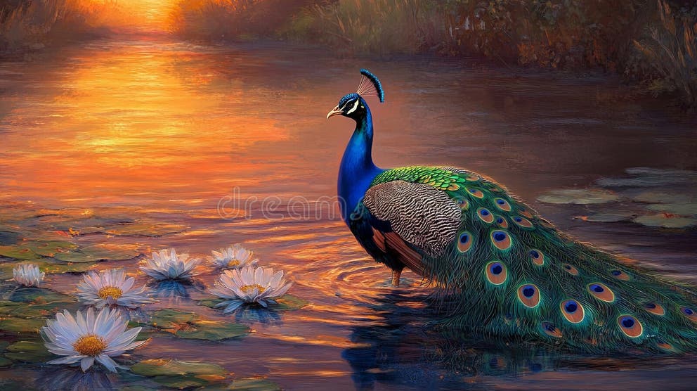 Peacock in Daisy Float, Sunset Colors, Graceful . Stock Photo - Image ...