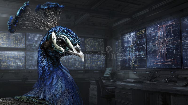 Peacock Engineer Innovates Futuristic Technology in Modern Workspace ...