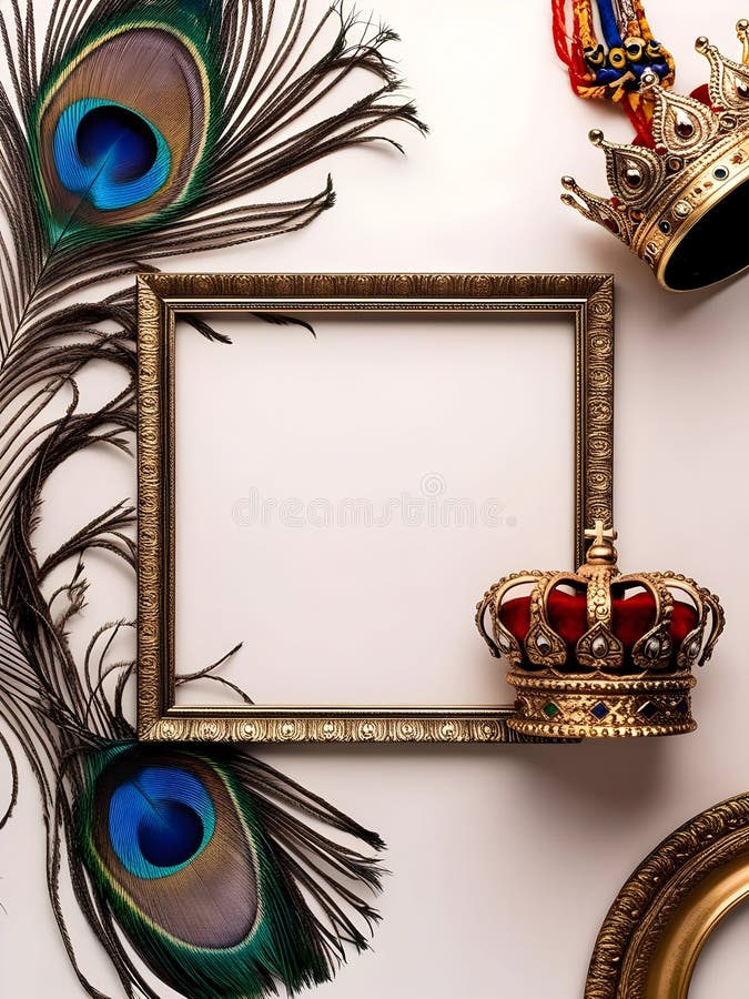 Peacock Feather and Crown Border Frame Concept As Horizontal Frame with ...