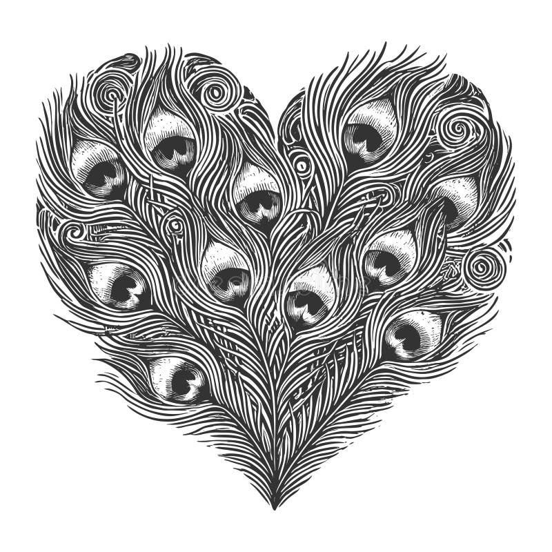 Peacock Feather Heart Design Engraving Vector Stock Vector ...