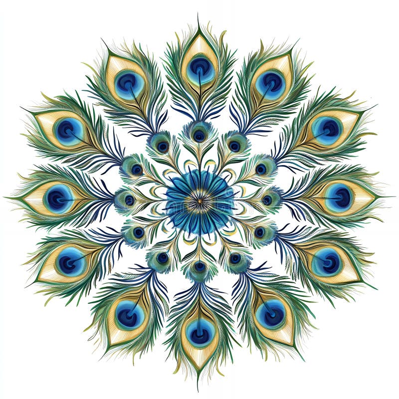 Peacock Feather Mandala Design Artistic Circular Pattern Elegant Blue ...