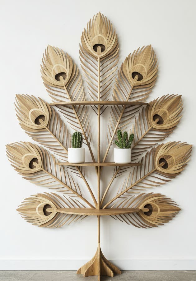 Peacock Feather Shelf with Cacti Against White Wall Decorative Accent ...