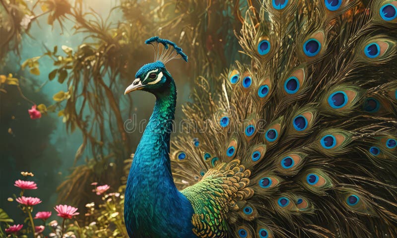 Peacock with Its Feathers Spread Out in Field Flowers Stock ...