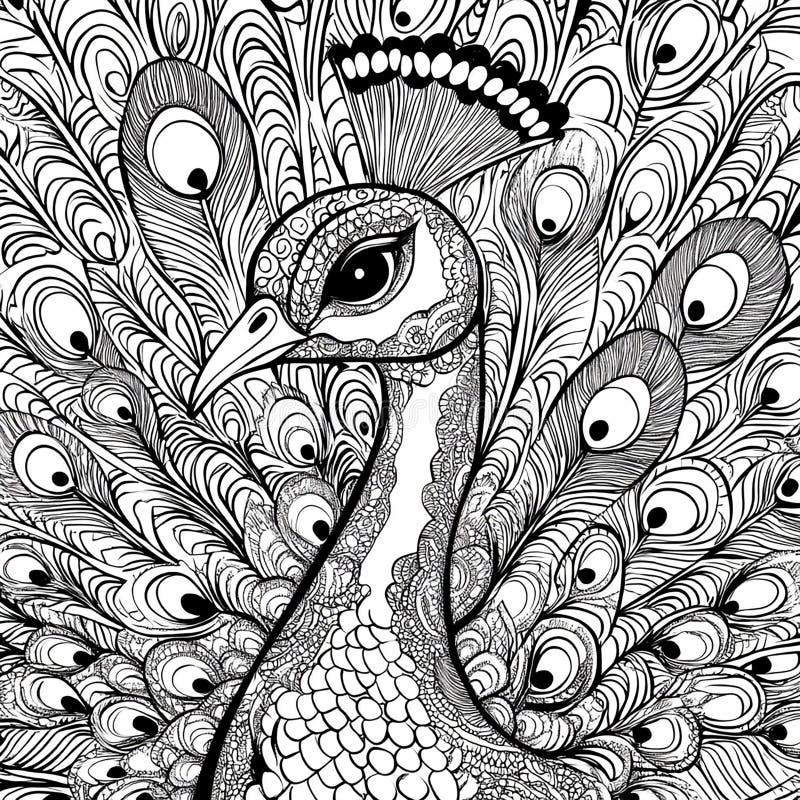 Peacock Line Art with Intricate Feather Patterns for Tattoos and Wall ...