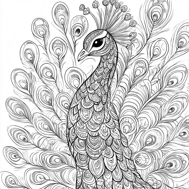 Peacock Line Art with Intricate Feather Patterns for Tattoos and Wall ...