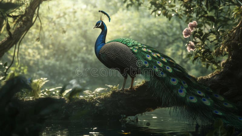 Peacock Perched on Branch in Lush Green Forest Stock Illustration ...