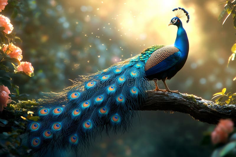 Peacock Perched on a Branch Show Off Its Beautiful Tail Stock ...