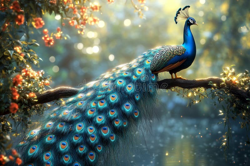 Peacock Perched on a Branch Show Off Its Beautiful Tail Stock ...