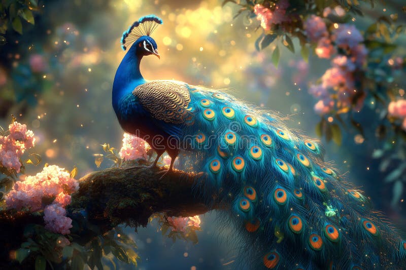 Peacock Perched on a Branch Show Off Its Beautiful Tail Stock ...