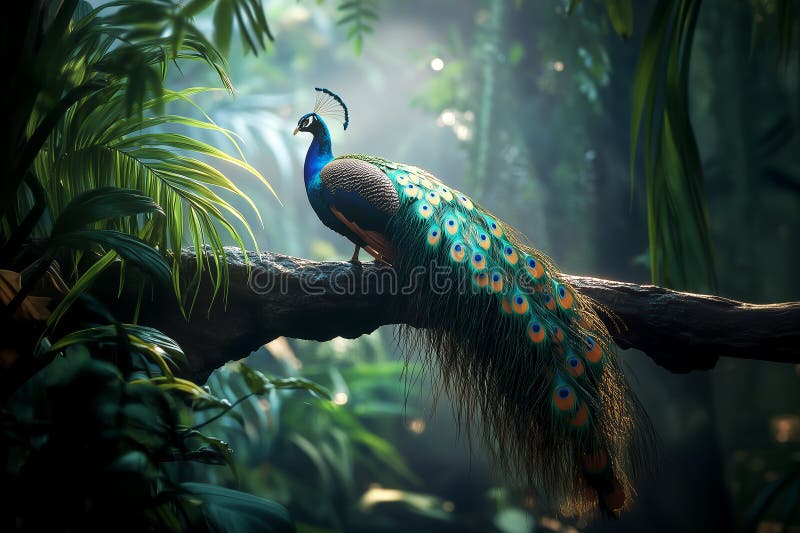 Peacock Perched on a Branch Show Off Its Beautiful Tail Stock ...