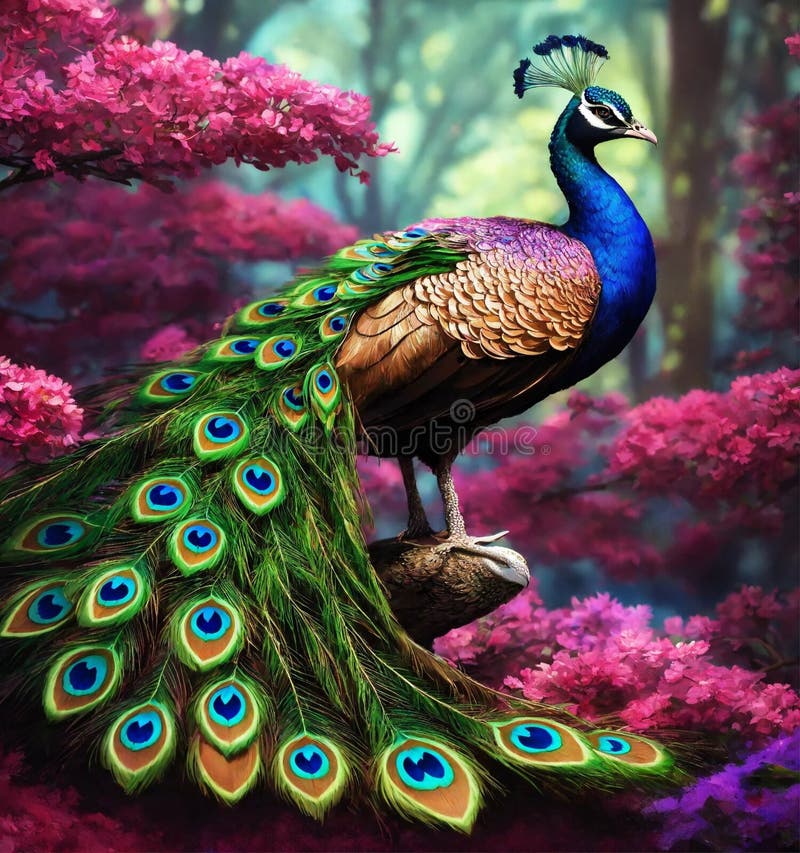 Peacock Perched on a Pink Tree Trunk in a Vibrant Forest, AI-generated ...