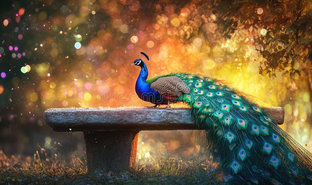 A Peacock is Sitting on a Bench Stock Photo - Image of head, green: 350287730