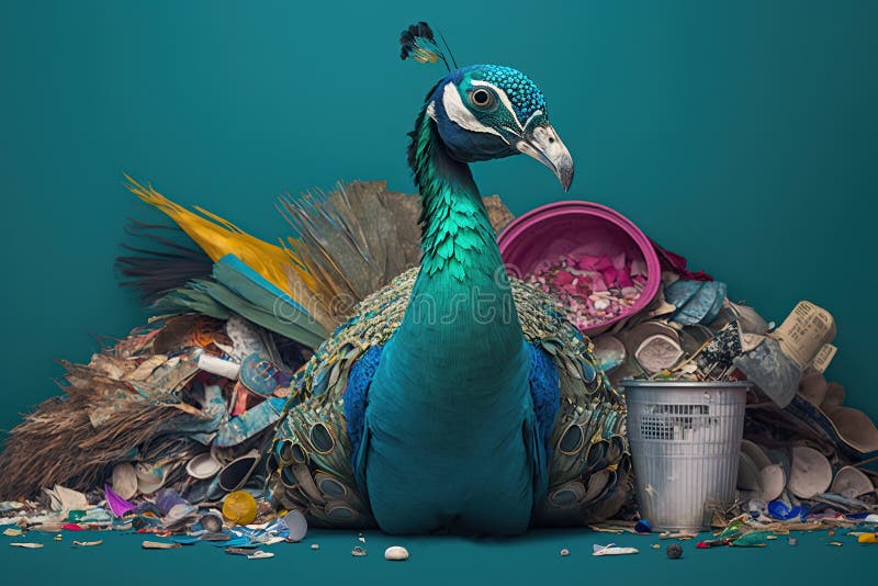 Peacock Sitting in Pile of Garbage, Created with Generative AI ...