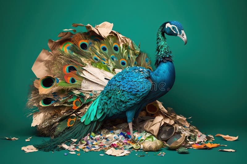Peacock Sitting in Pile of Garbage, Created with Generative AI ...