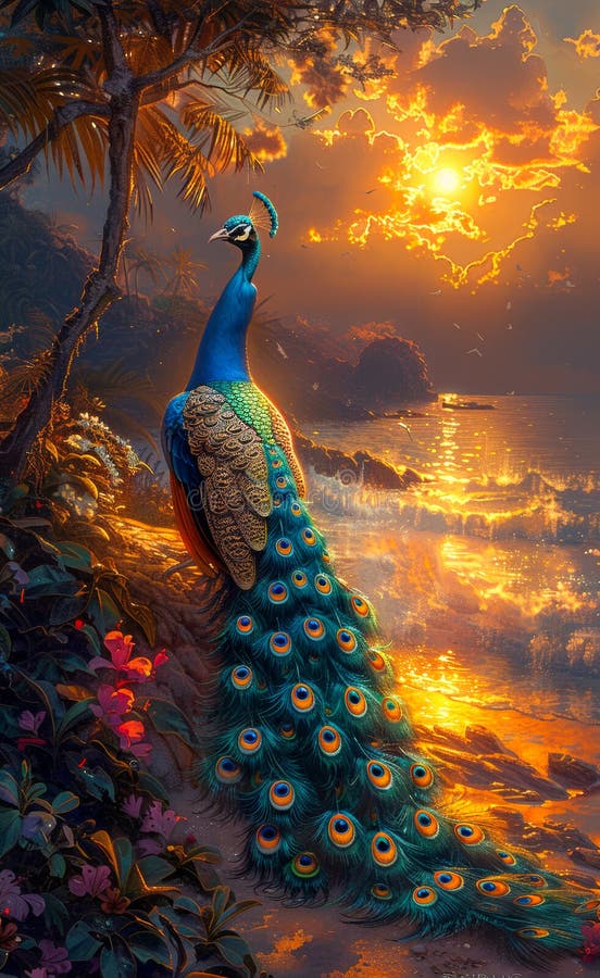 Peacock Sitting on Rock by the Sea at Sunset Stock Photo - Image of ...