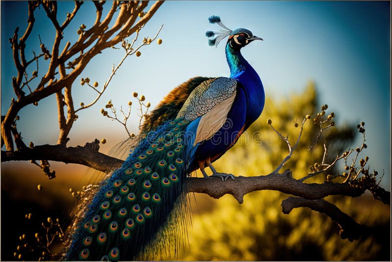 A Peacock Sitting on a Tree Branch with Its Tail Spread Out and Its ...