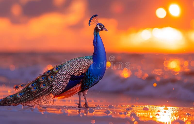 Peacock Standing on the Beach at Sunset Stock Photo - Image of wetland ...