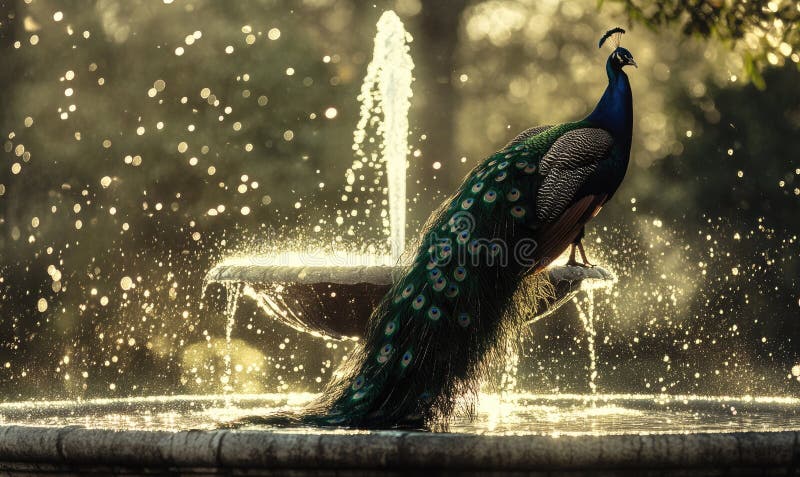 A Peacock is Standing in Front of a Fountain Stock Photo - Image of ...