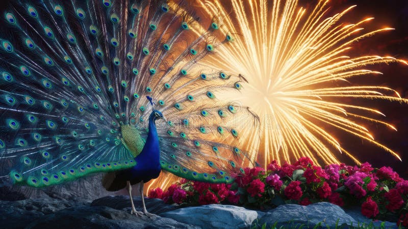 A Peacock is Standing on a Rock with Fireworks in the Background, AI ...