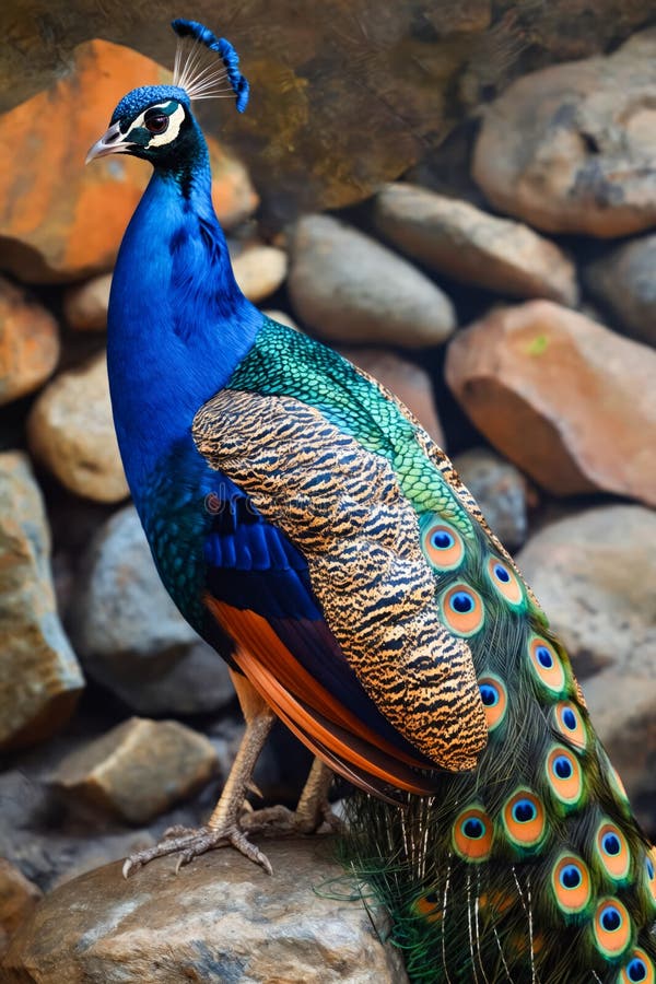 A Peacock Standing on a Rock in Front of a Stone Wall. Generative AI ...