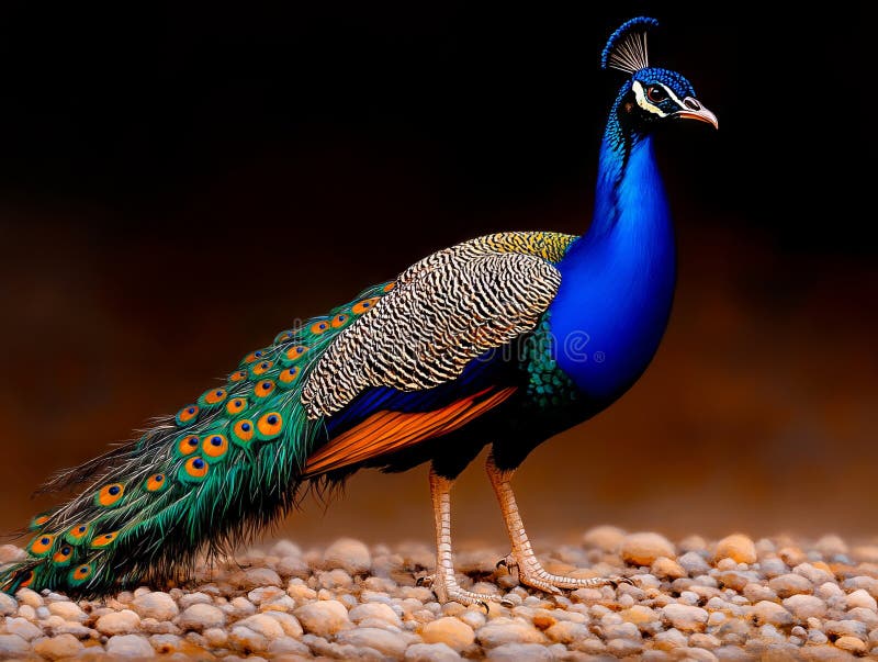 A Peacock Standing on a Rocky Ground with a Black Background Stock ...