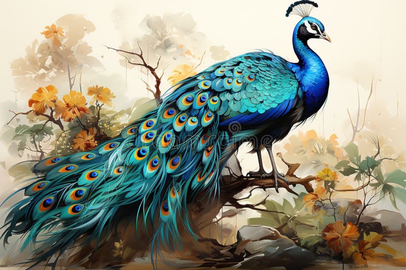 Peacock on a Tree in the Forest. Digital Painting Stock Illustration ...