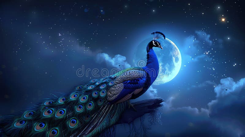 Peacock Underneath the Moonlight Stock Illustration - Illustration of ...