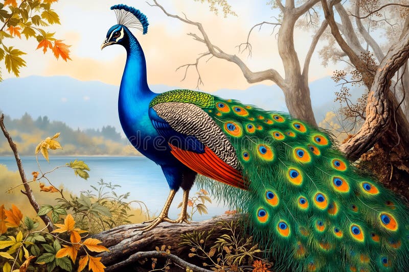 A Peacock Standing on a Tree Branch by a Lake Stock Photo - Image of ...