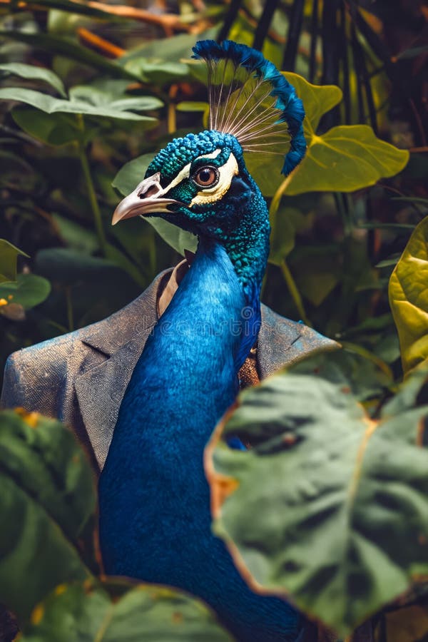A Peacock Wearing A Suit Sitting In The Middle Of Some Leaves Generative Ai Stock Image Image